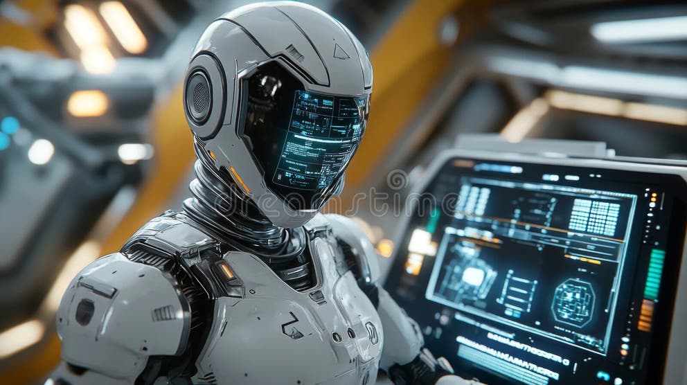 White Futuristic Robot at Control Panel in Sci-Fi Setting Stock ...