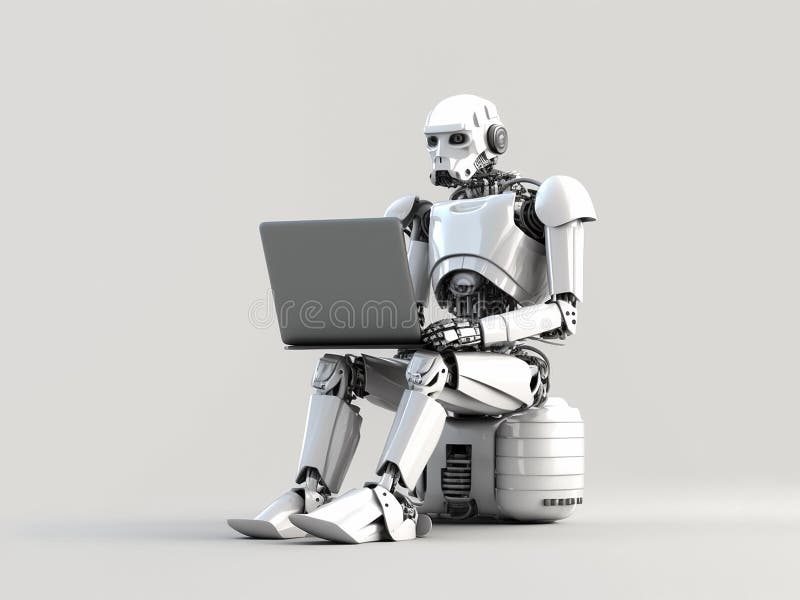 Android Robot Working on Laptop Stock Illustration - Illustration of ...