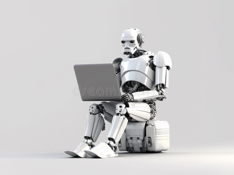 Android Robot Working on Laptop Stock Illustration - Illustration of ...