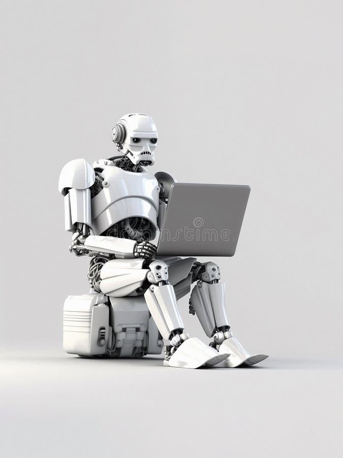 Android Robot Working on Laptop Stock Illustration - Illustration of ...