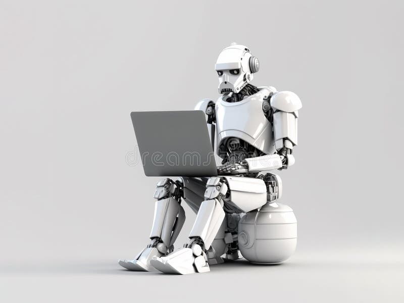 Android Robot Working on Laptop Stock Illustration - Illustration of ...