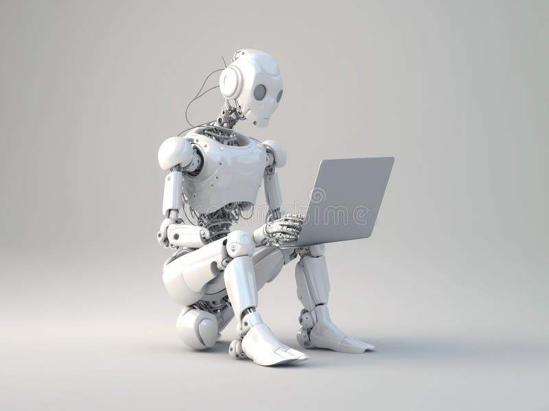 Android Robot Working on Laptop Stock Illustration - Illustration of ...
