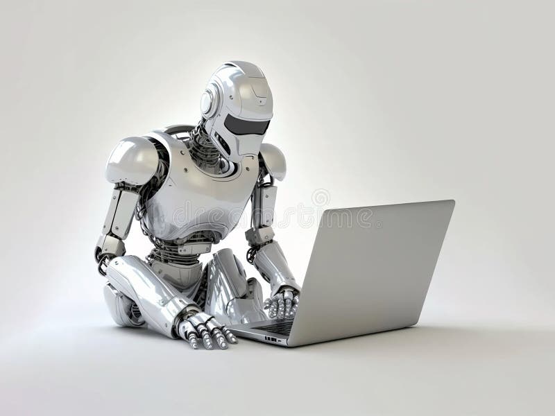 Android Robot Working on Laptop Stock Illustration - Illustration of ...