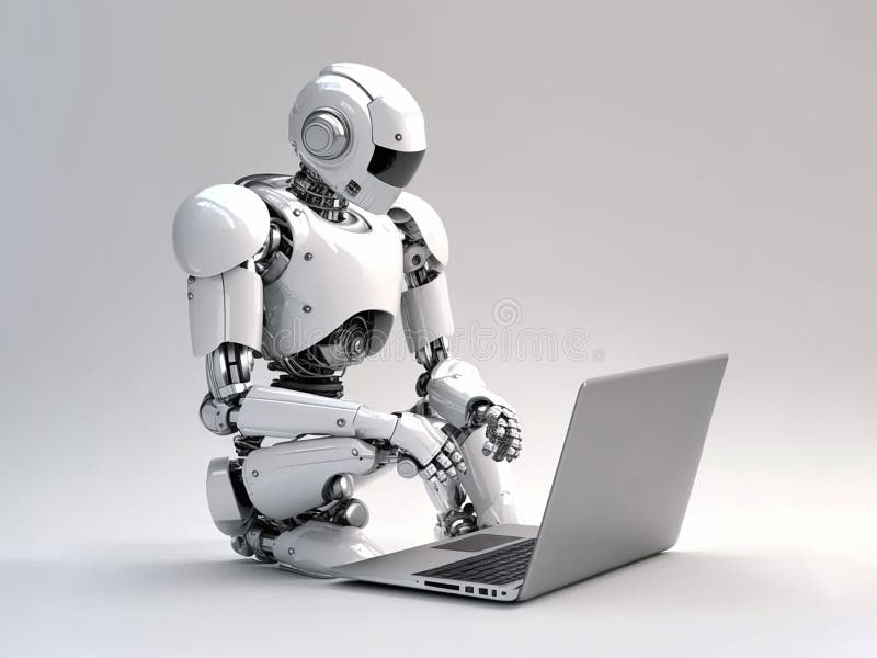 Android Robot Working on Laptop Stock Illustration - Illustration of ...