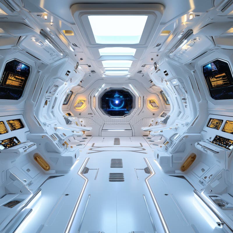 White Futuristic Spaceship Corridor with High-tech Displays Stock Photo ...