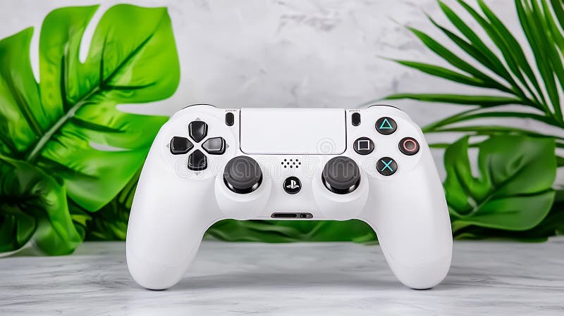 White Gaming Controller on Marble Surface Surrounded by Green Tropical ...