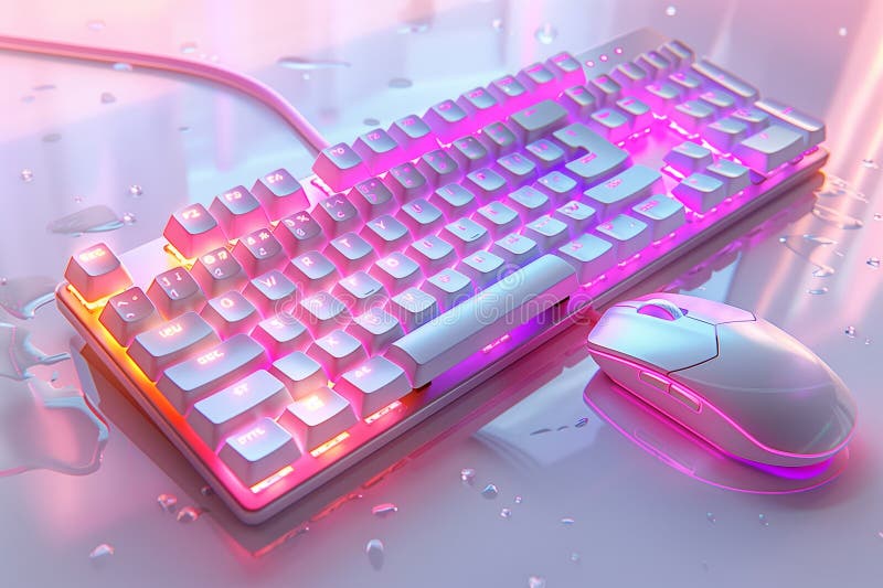 White Gaming Keyboard and Mouse with Pink Backlighting Stock Image ...