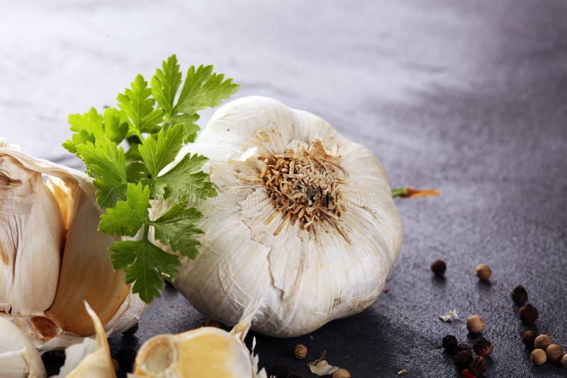 White Garlic on a Rustic the Table and Organic Garlic Pieces Stock ...