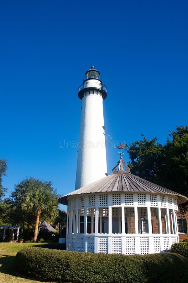 White Gazebo and Lighthouse Under Clear Blue Sky Stock Image - Image of ...