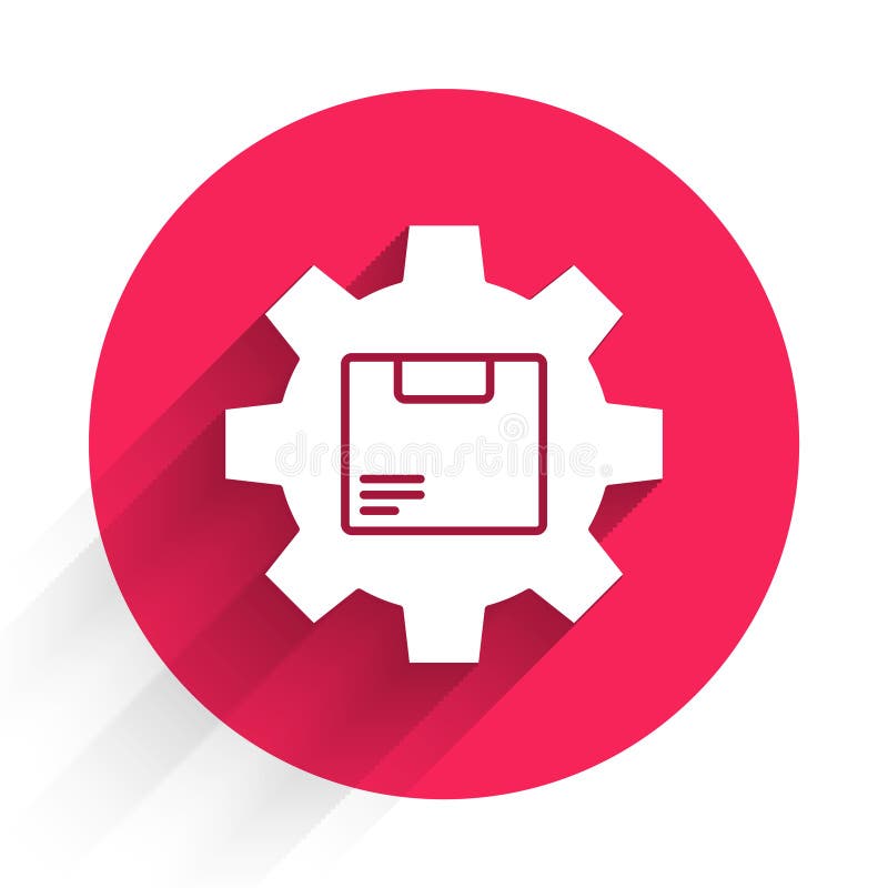 White Gear Wheel with Package Box Icon Isolated with Long Shadow. Box ...
