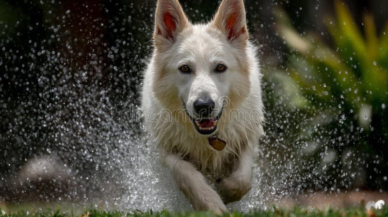 White German Shepherd Running through Water Splash Stock Image - Image ...