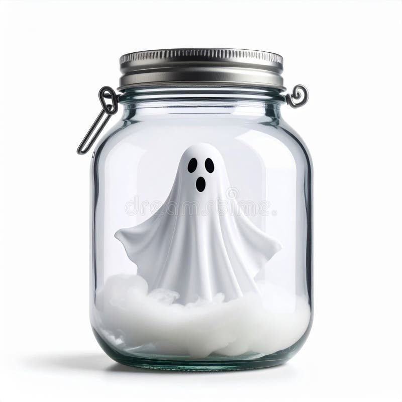 White Ghost Figurine Inside Glass Jar on White Background Stock ...