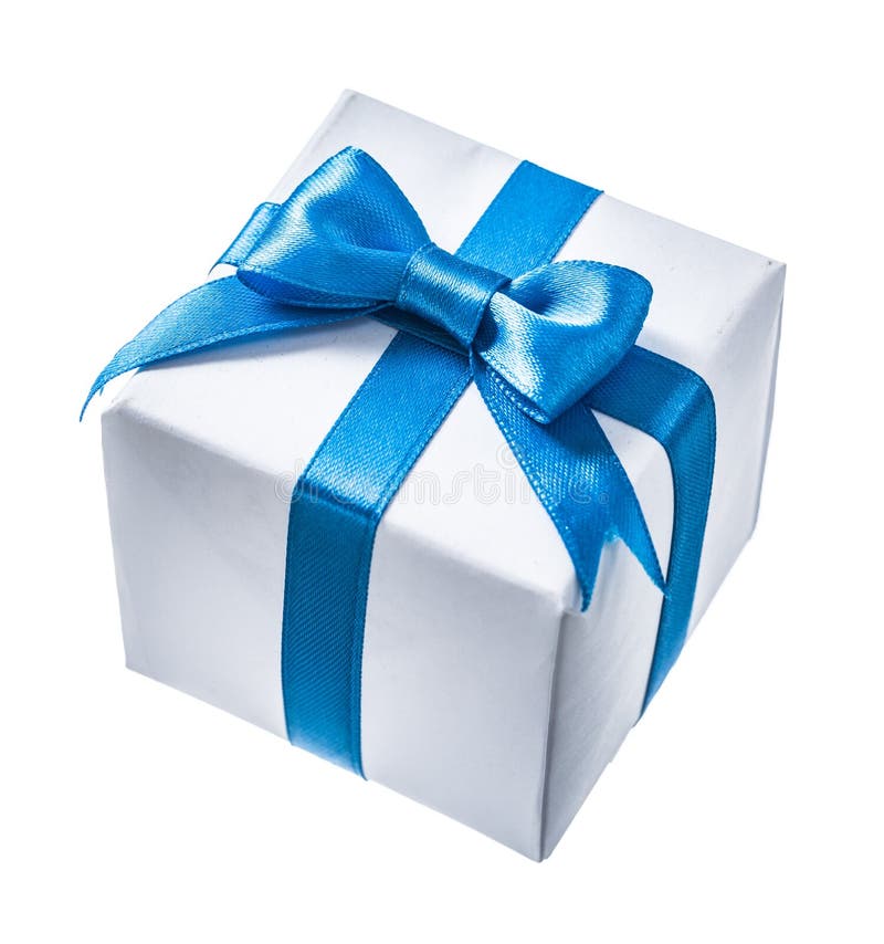 White Gif Box with Blue Ribbon Isolated on White Stock Image - Image of ...