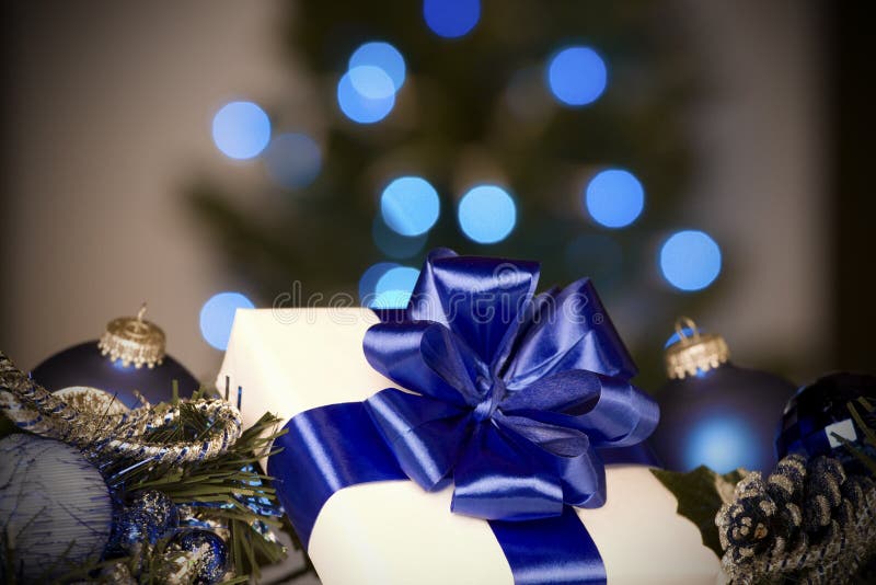 White Gift with Blue Ribbons Stock Photo - Image of blue, christmas ...