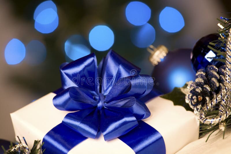 Blue Gift Box Wrapped Satin Gold Ribbons Stock Photos - Free & Royalty ...