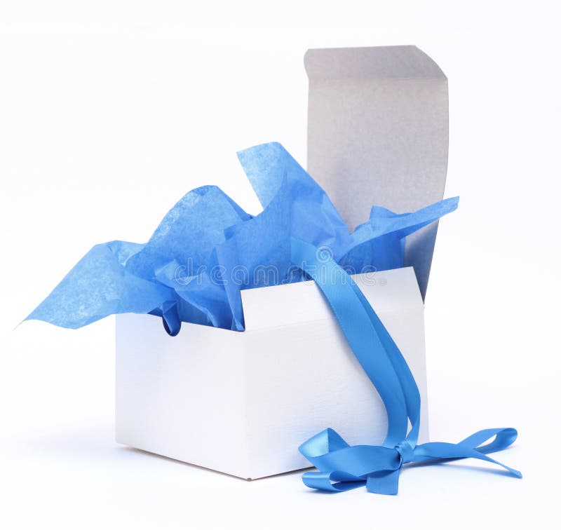 White Gift Box with Blue Ribbon Stock Image - Image of celebration ...