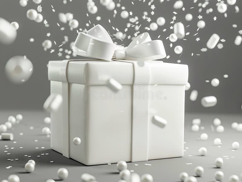 A White Gift Box with a White Bow and White Confetti Stock Illustration ...