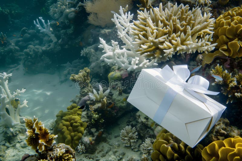 White Gift Box with Bow Sinking beside Coral Reef Stock Photo - Image ...