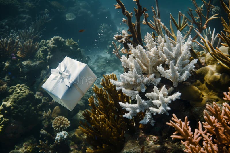 White Gift Box with Bow Sinking beside Coral Reef Stock Photo - Image ...
