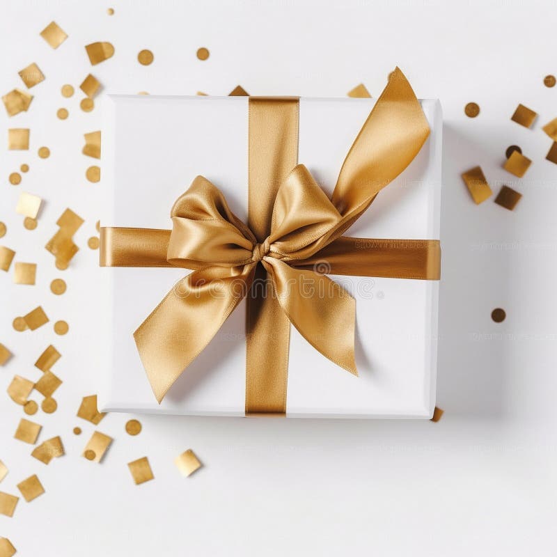 White Gift Box with Gold Ribbons on the Table Stock Illustration ...