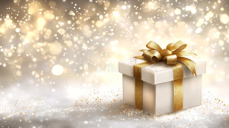 A White Gift Box with a Golden Bow and Glitter on a Sparkling ...