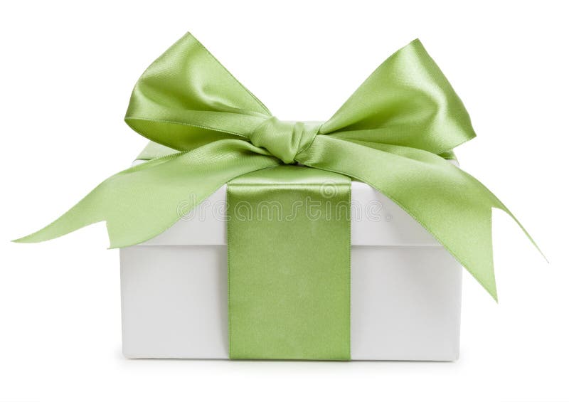 White Gift Box with Green Bow Isolated Stock Image - Image of gift ...