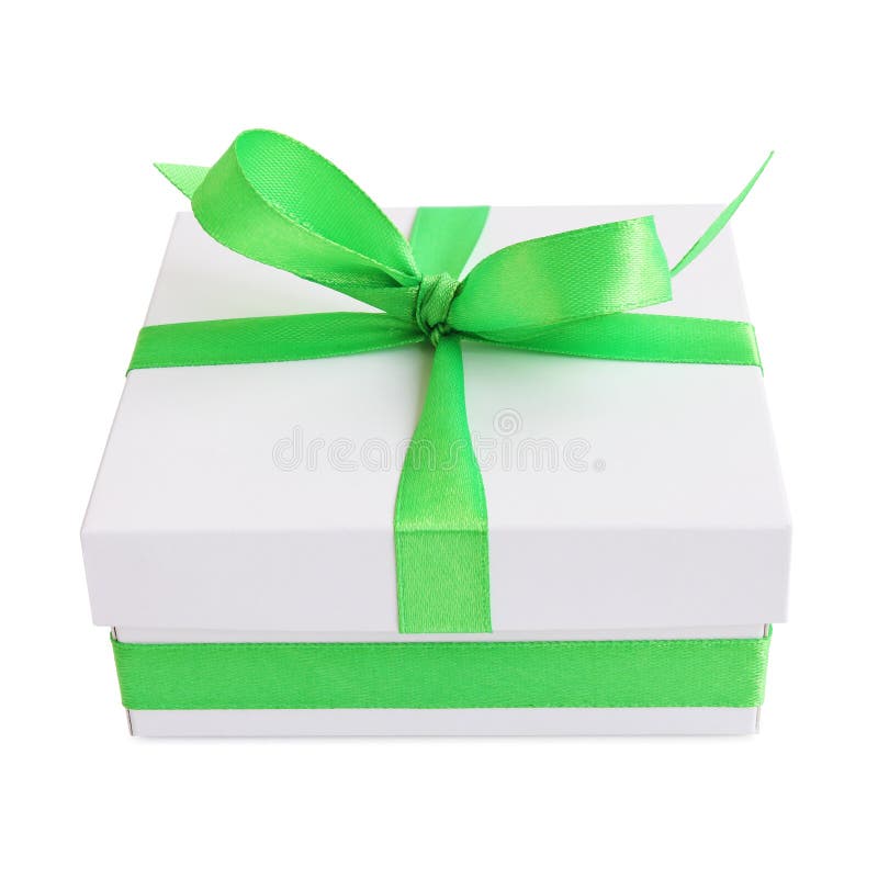 White Gift Box with Green Satin Ribbon Bow Stock Image - Image of green ...