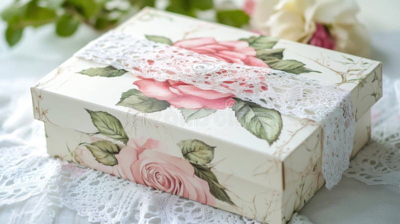 White Gift Box with Lace and Floral Design Stock Illustration ...
