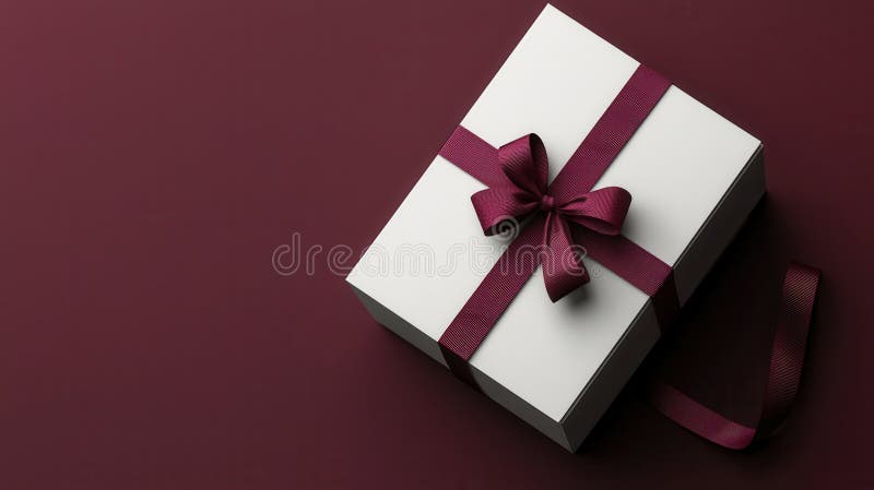 White Gift Box with Maroon Ribbon and Bow on Maroon Background Stock ...
