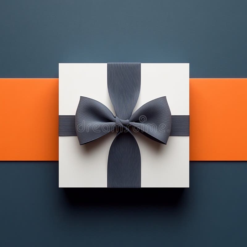 White Gift Box with Navy Blue Ribbon Bow on Navy Background with Orange ...