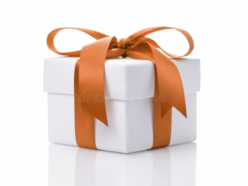 White Gift Box with Orange Ribbon Bow Stock Photo - Image of present ...