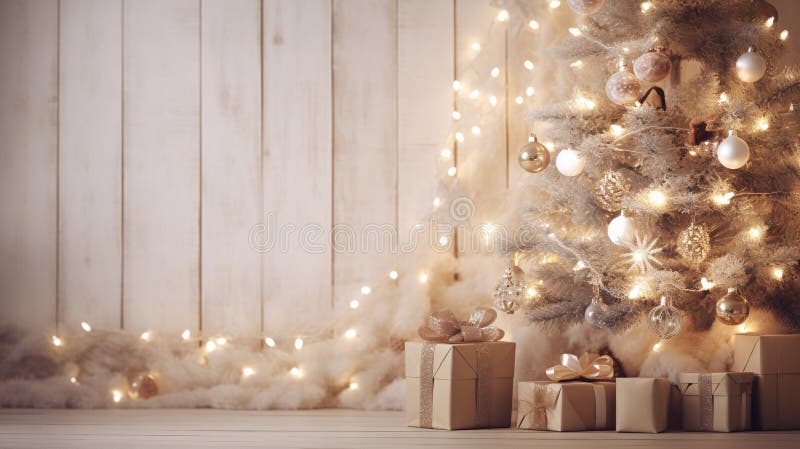 White Gift Box with Pine Cones and Lights, Festive Background, AI ...