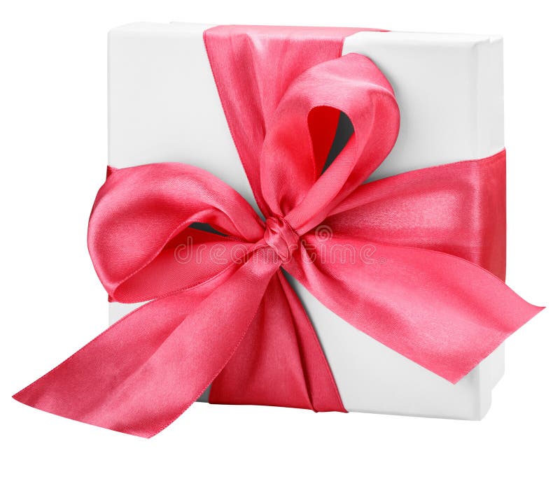 White Gift Box with Pink Ribbon and Bow Clipping Path Stock Photo ...