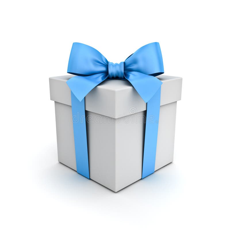 White Gift Box or Present Box with Blue Ribbon and Bow Isolated on ...