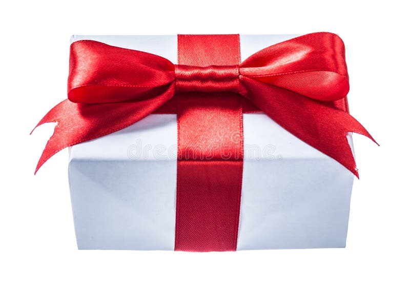 White Gift Box with Red Bow Isolated on White Stock Photo - Image of ...