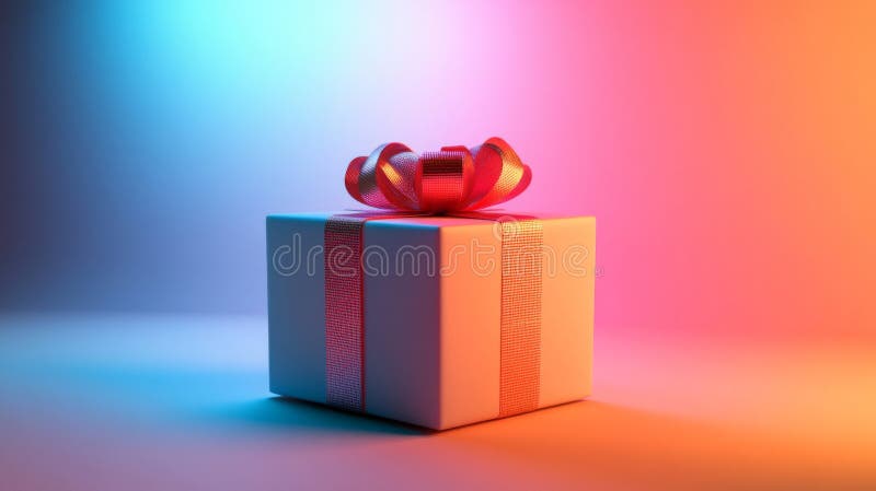 White Gift Box with Red and Gold Ribbon Under Colorful Light Stock ...