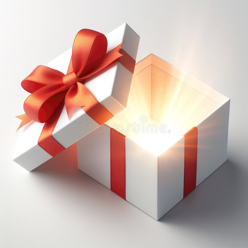 White Gift Box with Red Ribbon Opened Revealing Bright Light Stock ...