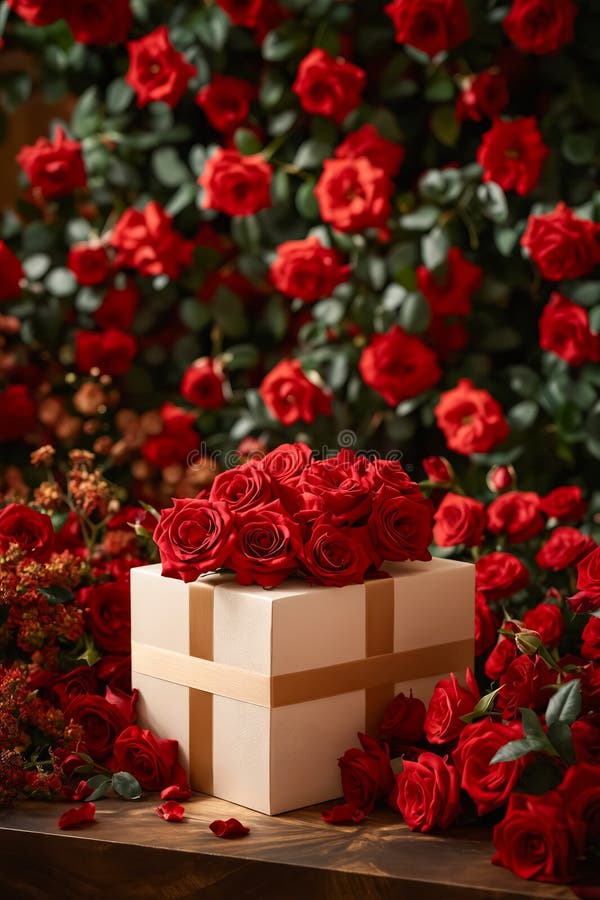 A White Gift Box Surrounded by Red Roses on a Table Stock Photo - Image ...