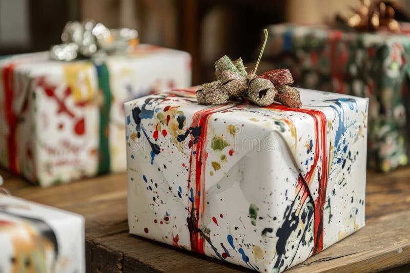 A White Gift Box Wrapped in Colorful Splatter Paint Stock Illustration ...