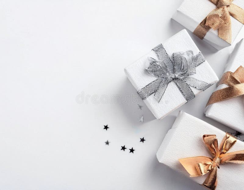 White Gift Boxes on White Background: Top View with Copy Space Stock ...
