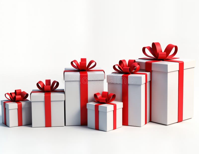 White Gift Boxes with Red Ribbons Arranged in Row from Smallest To ...