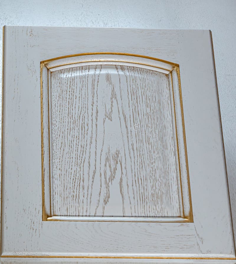 White Gilded Rectangular Kitchen Facade Close Up. Wood Textured ...
