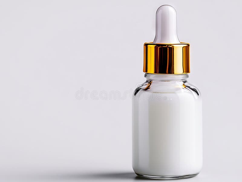 A White Glass Bottle with a Gold Dropper on a White Surface Stock Photo ...