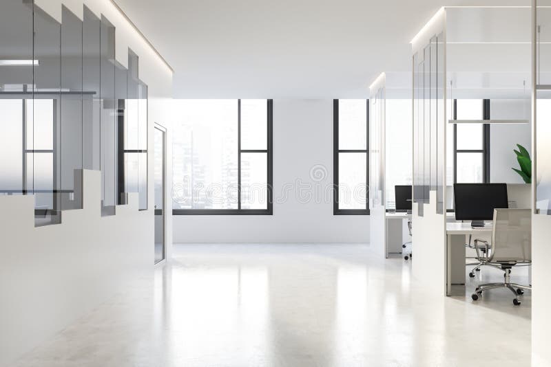 White and Glass Open Space Office with Lobby Stock Illustration ...