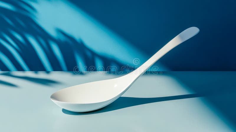 White Glossy Plastic Spoon Casting a Shadow on a Blue Surface with ...