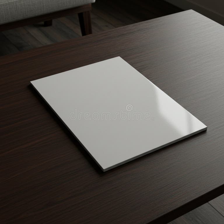 A White, Glossy, Rectangular Object Rests on a Dark Wooden Surface. the ...
