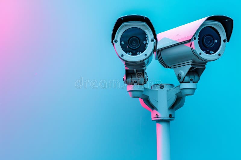 White Glossy Security Cameras with Holographic Glow on Pastel Backdrop ...