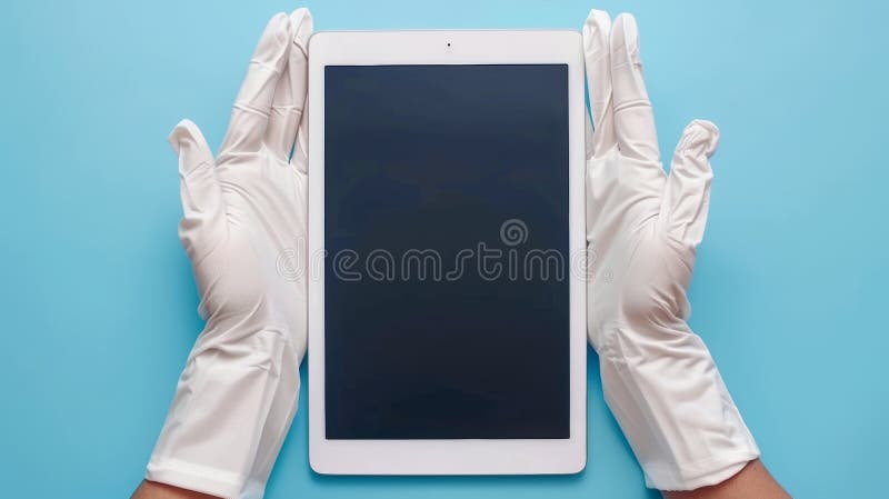 White-Gloved Hands Gently Holding a Tablet, Display Facing Viewer on a ...