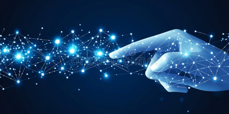 White Glowing Hand on Digital Network Nodes, Technology Background with ...