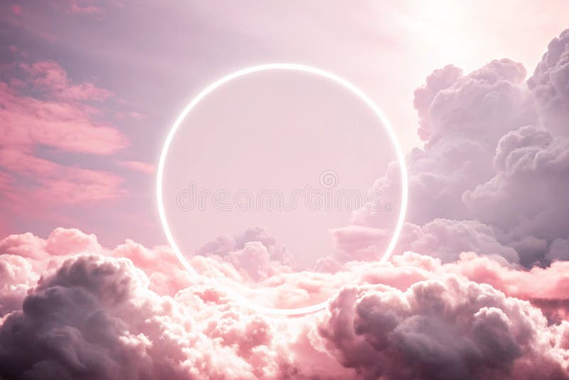White Glowing Light Frame on Dreamy Fluffy Cloud with Pink Sky Stock ...